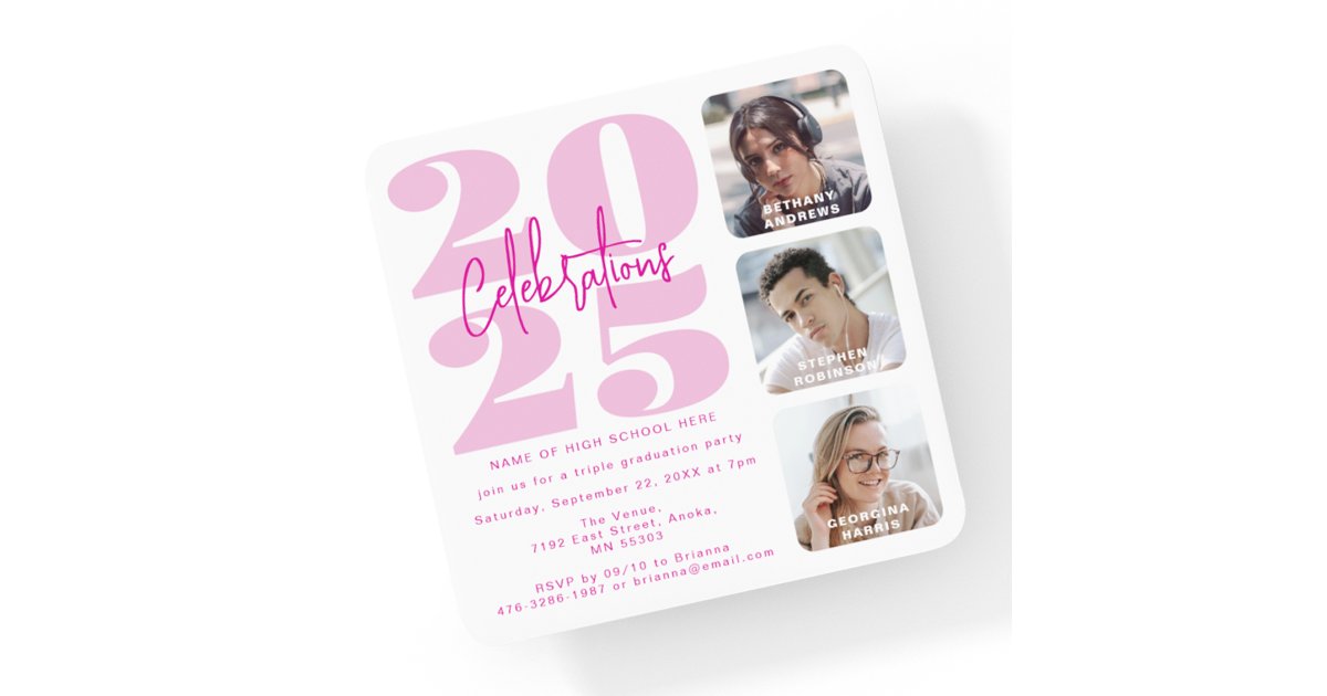 Magenta Pink Photo Triple Graduation Invitation | Zazzle