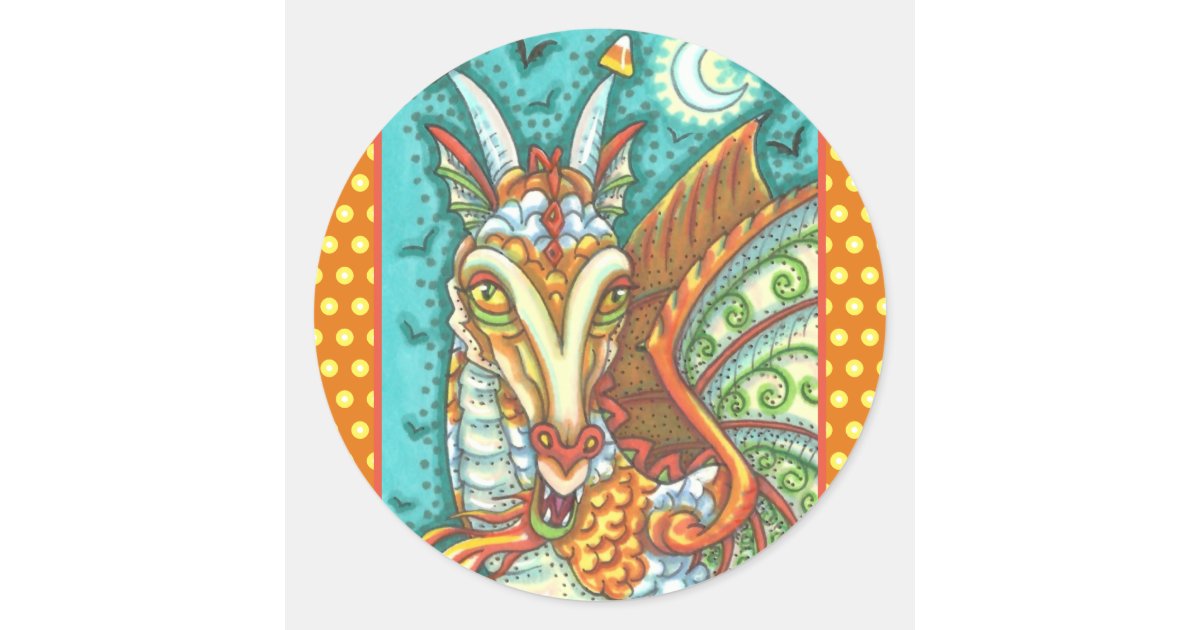 MAGIC CANDY CORN DRAGON, HALLOWEEN FANTASY CLASSIC ROUND STICKER | Zazzle