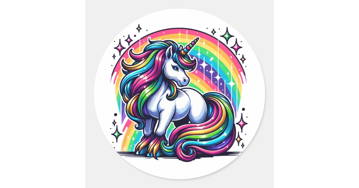 Magical Colourful Unicorn and Rainbow Sparkles Classic Round Sticker ...