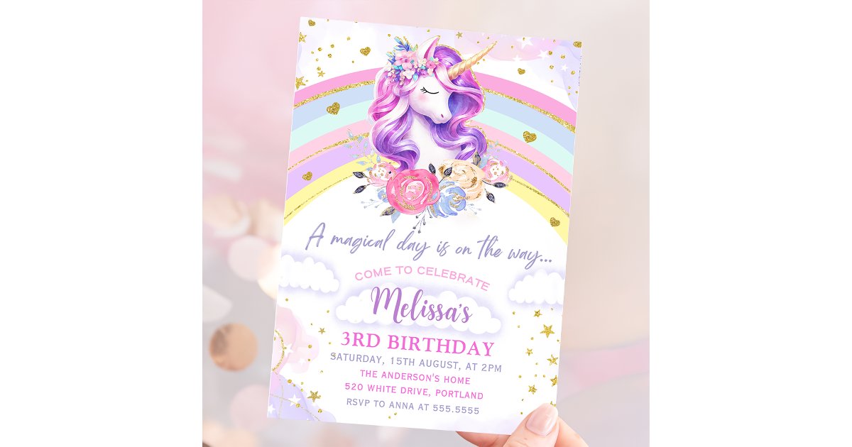 Magical Pastel Rainbow Unicorn Birthday Invitation | Zazzle