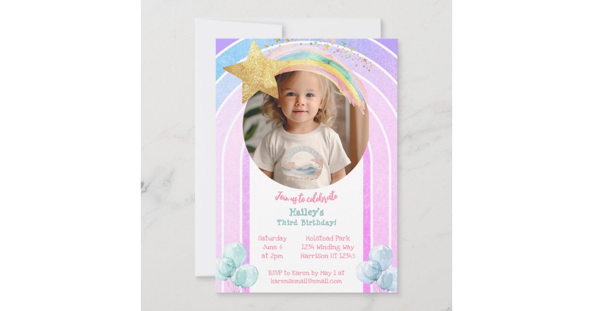 Magical Rainbow Shooting Star Photo Birthday Invitation | Zazzle