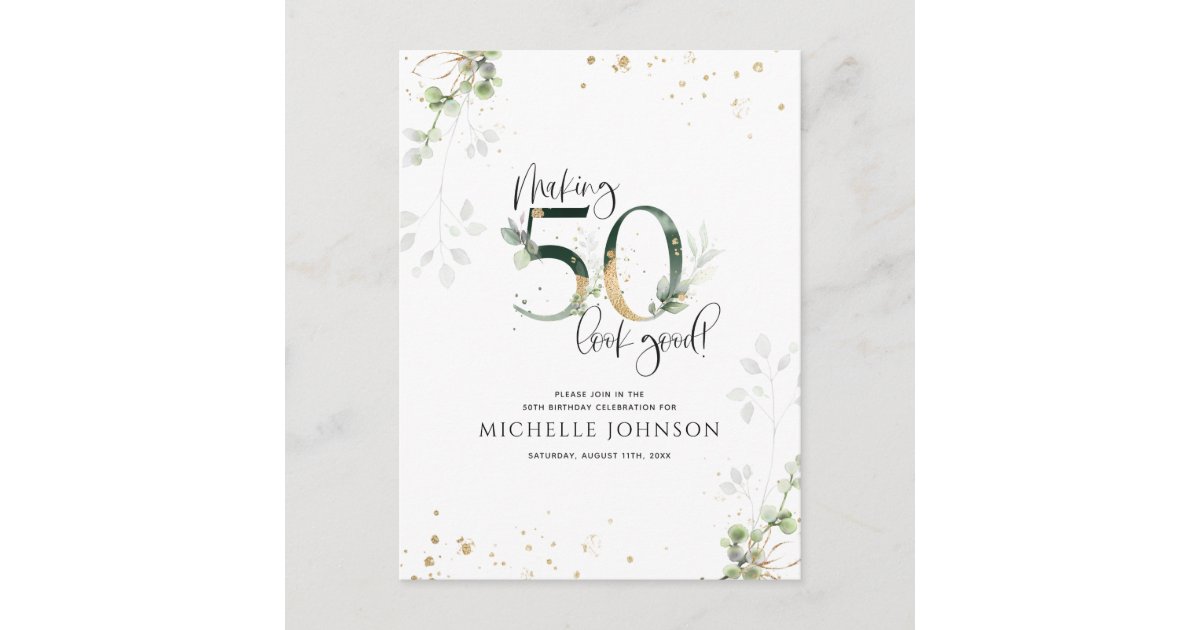 Making 50 Look Good Green Gold Botanical Birthday Invitation Postcard ...