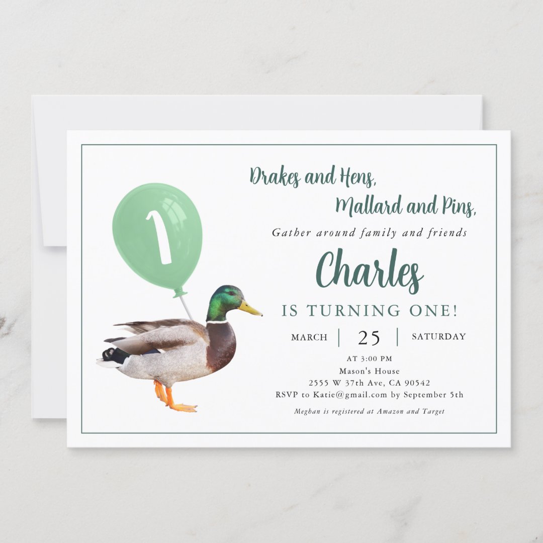Mallard Duck Theme 1st Birthday Party Invitation | Zazzle