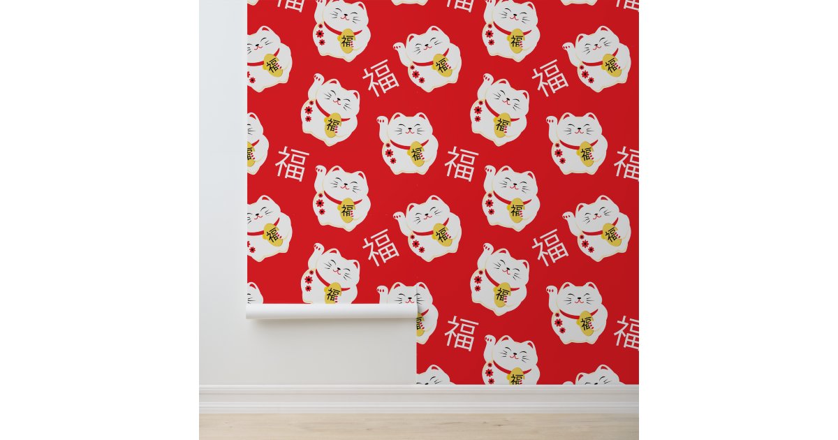Maneki Neko Cute Lucky Cat Symbol on Red Wallpaper | Zazzle