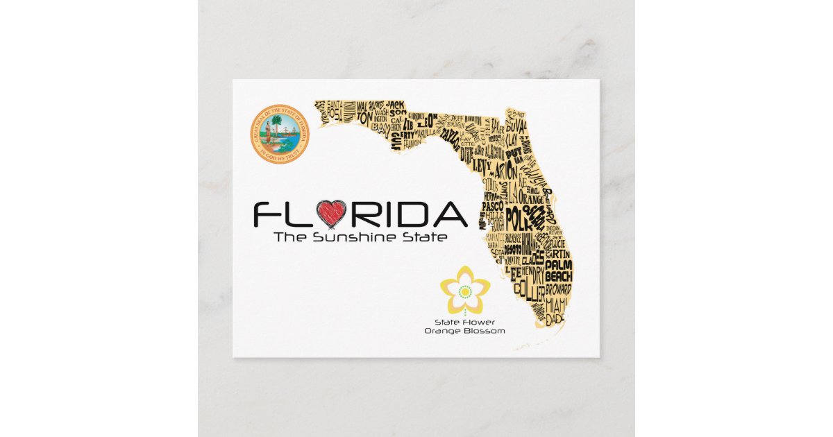 Map of Florida with all counties spelled out Postcard | Zazzle