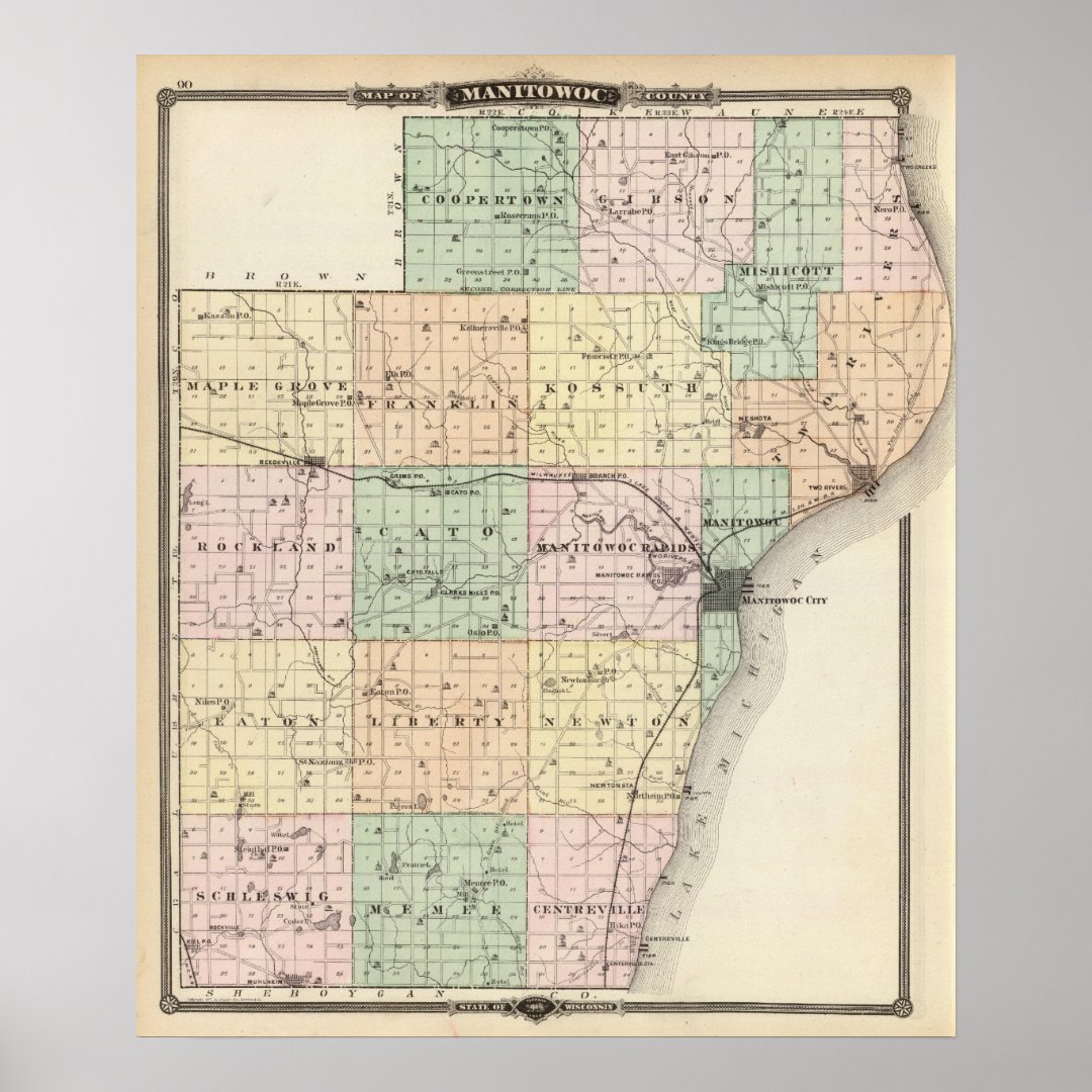 Map of Manitowoc County, State of Wisconsin Poster | Zazzle