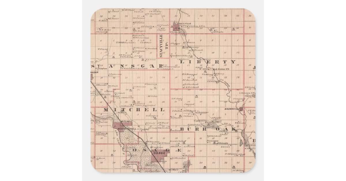 Map of Mitchell County, State of Iowa Square Sticker | Zazzle