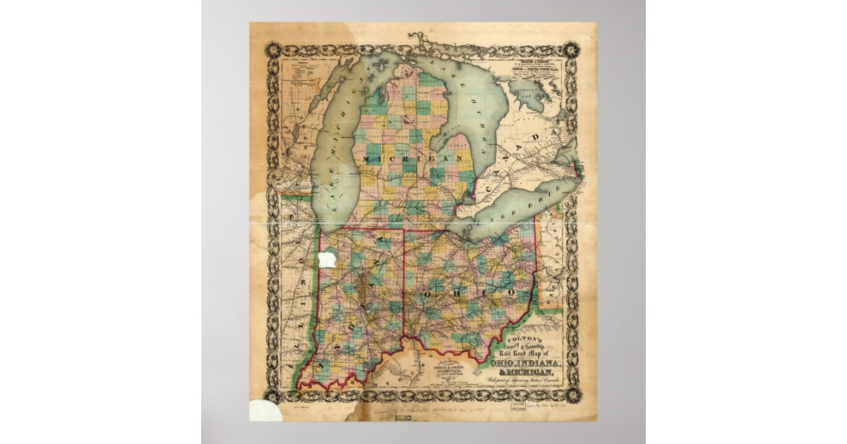 Map of Ohio, Indiana & Michigan (1859) Poster | Zazzle