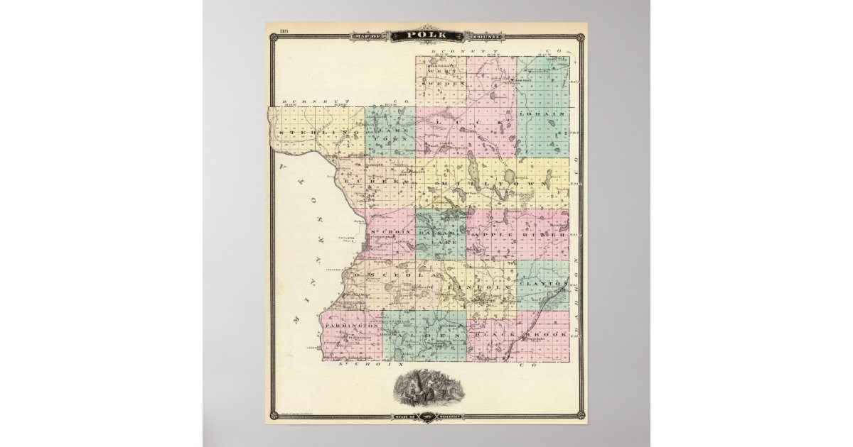 Map of Polk County, State of Wisconsin Poster | Zazzle