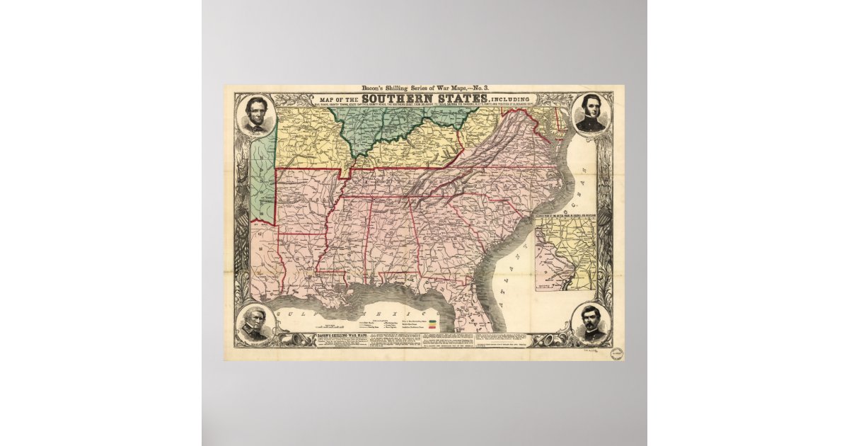 Map of the Southern States during the Civil War Poster | Zazzle