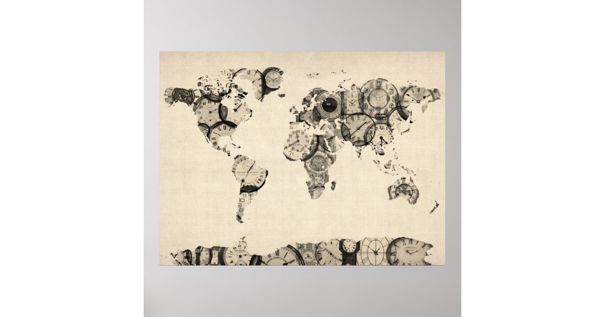 Map of the World Map from Old Clocks Poster | Zazzle