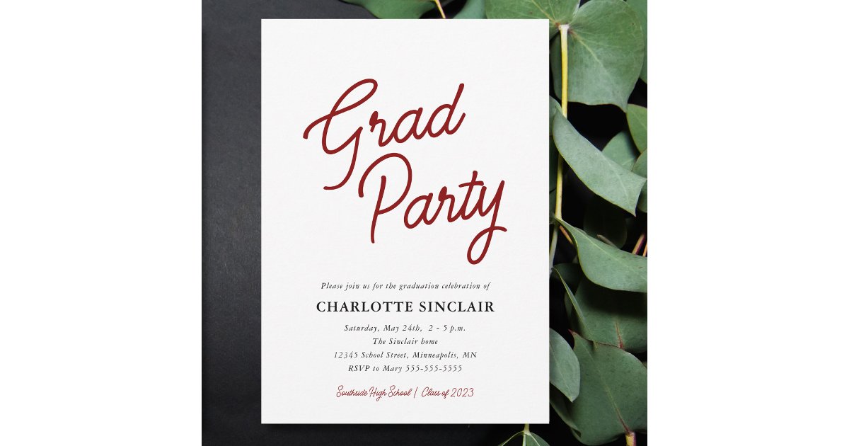 Maroon Script Simple Budget Grad Party Invitation | Zazzle.ca