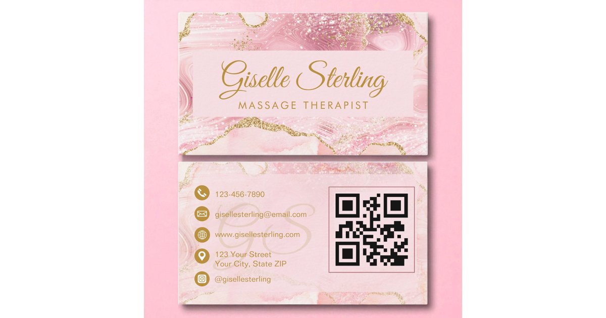 Massage Therapist Blush Pink Gold Agate QR Code Business Card | Zazzle