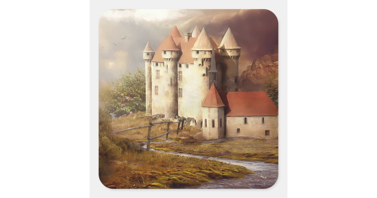 Medieval Castle River Run Square Sticker | Zazzle