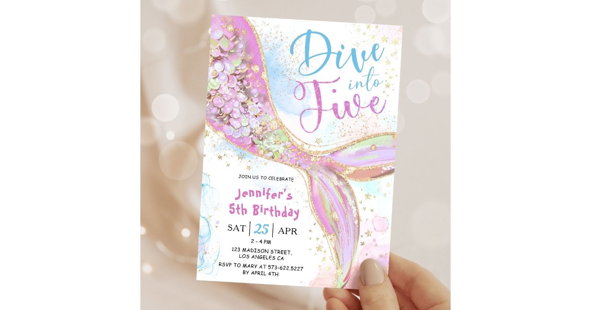 Mermaid 5th Birthday Party Pink Dive Into Five Invitation | Zazzle