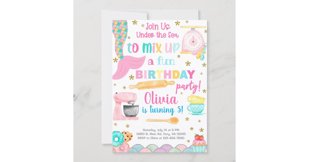 Mermaid & cooking baking girl birthday invitation. invitation | Zazzle