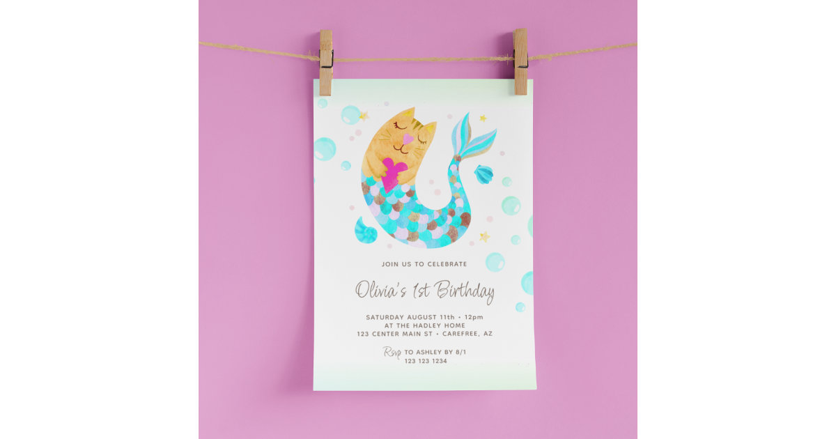 Mermaid MerCat Cute Watercolor 1st Birthday Invitation | Zazzle