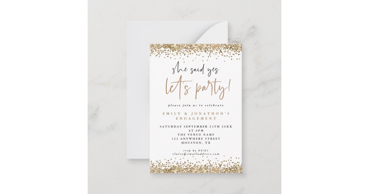 MINI She Said Yes Gold Glitter Engagement Invite | Zazzle