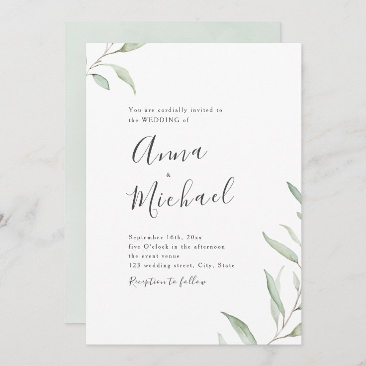 Minimal greenery calligraphy rustic wedding invitation | Zazzle