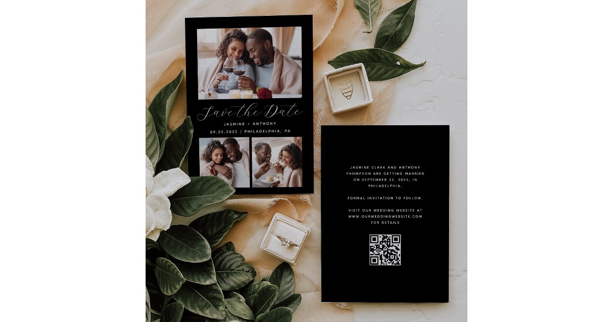 Minimalist 3-Photo Collage QR Code Black and White Save The Date | Zazzle