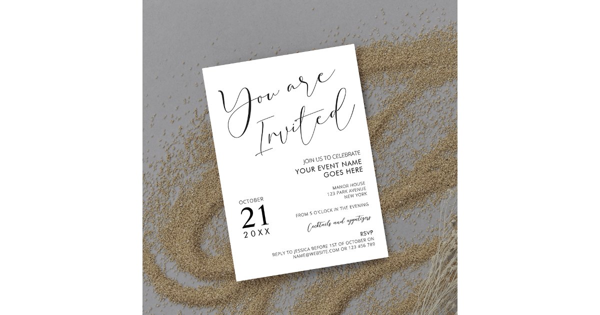 Minimalist Black White Script Logo Business Party Invitation | Zazzle