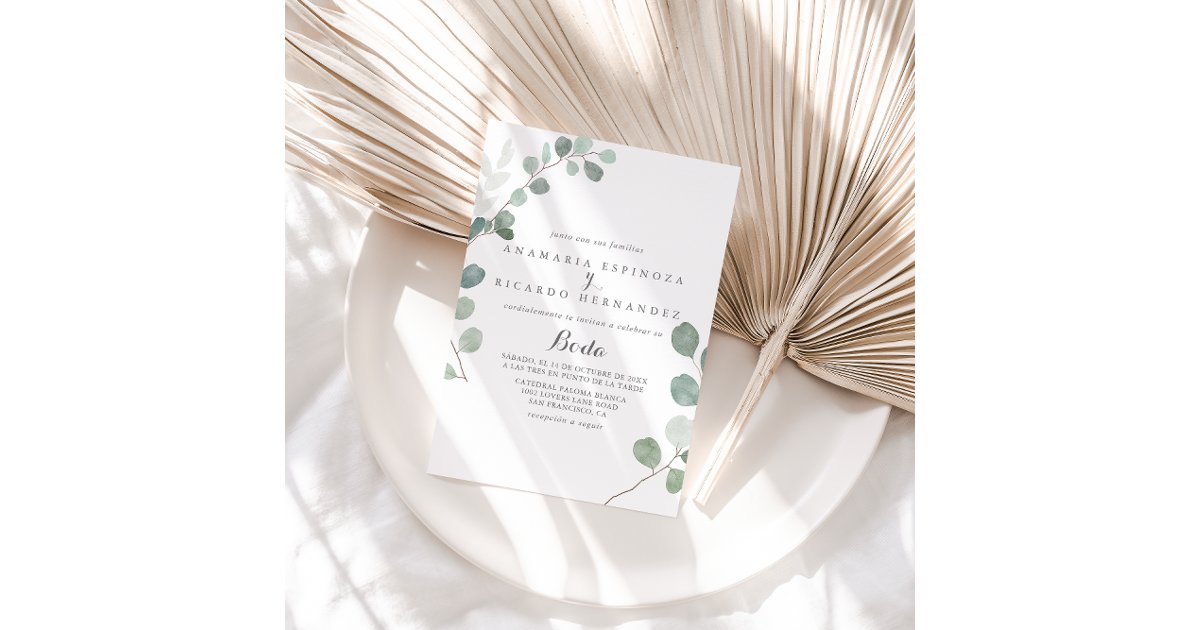 Minimalist Greenery Eucalyptus Spanish Wedding Invitation | Zazzle