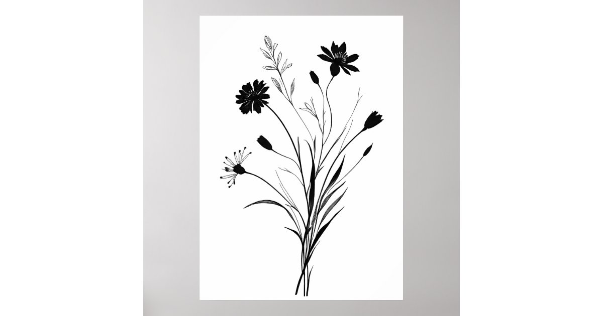 Minimalist Ink Wildflowers black and white flower Poster | Zazzle