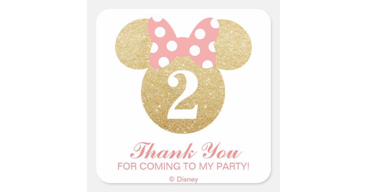 Minnie Mouse | Gold & Pink - Thank You Square Sticker | Zazzle