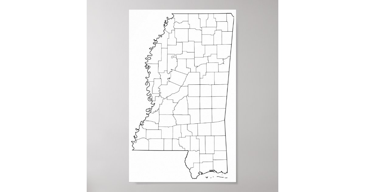 Mississippi Counties Blank Outline Map Poster | Zazzle