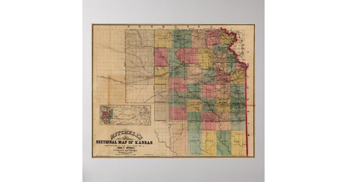 Mitchell's Sectional Map of Kansas (1859) Poster | Zazzle