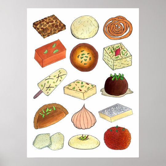 Mithai Indian Sweets Confectionery Illustration Poster | Zazzle.ca