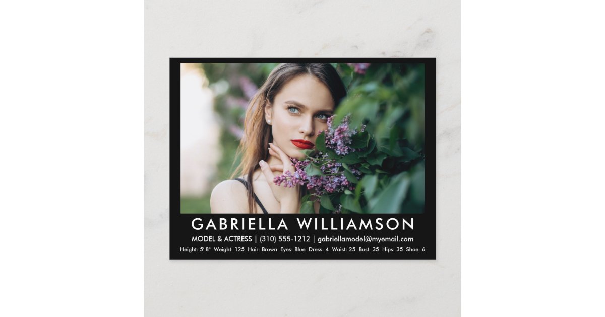 Model Actor Comp Card Photo Black Postcard | Zazzle