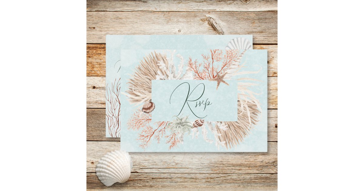 Modern Aqua Ocean Shells QR Code Wedding RSVP Card | Zazzle