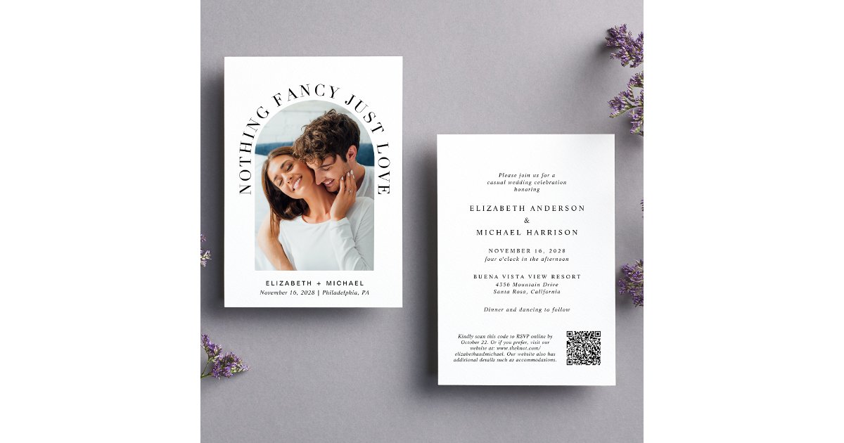 Modern Arch Photo QR Code Nothing Fancy Just Love Invitation | Zazzle