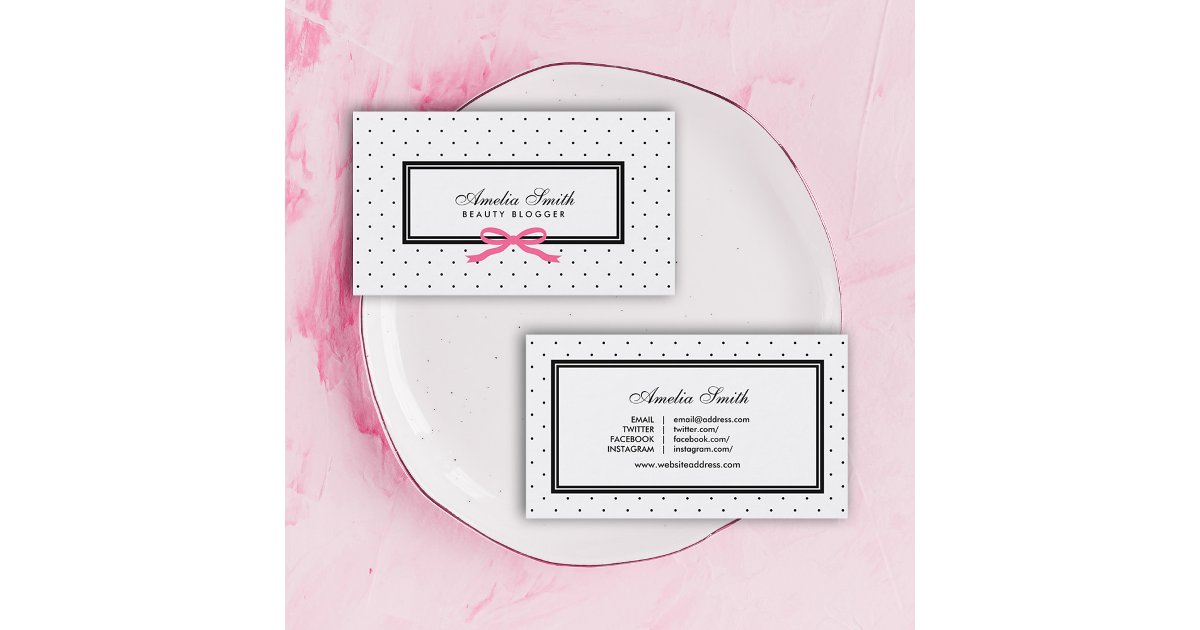 Modern Black White Polka Dot Pink Ribbon Blogger Business Card | Zazzle