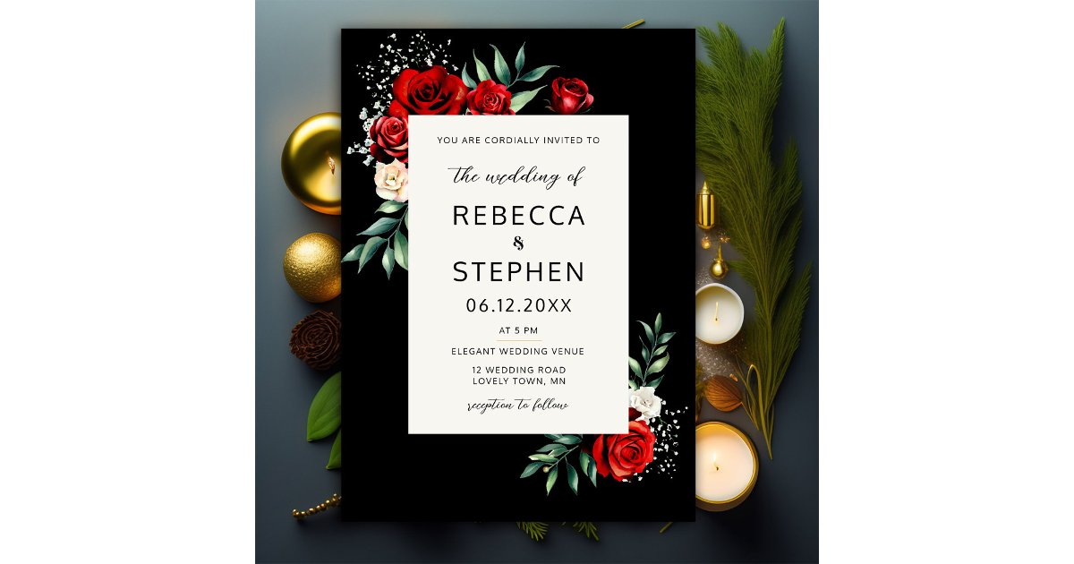 Modern Classic Red Rose Baby Breath Floral Wedding Invitation | Zazzle