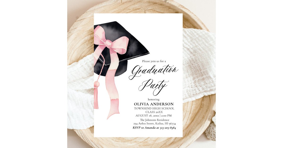 Modern Elegant Pink Bow Graduation Cap Graduation Invitation | Zazzle