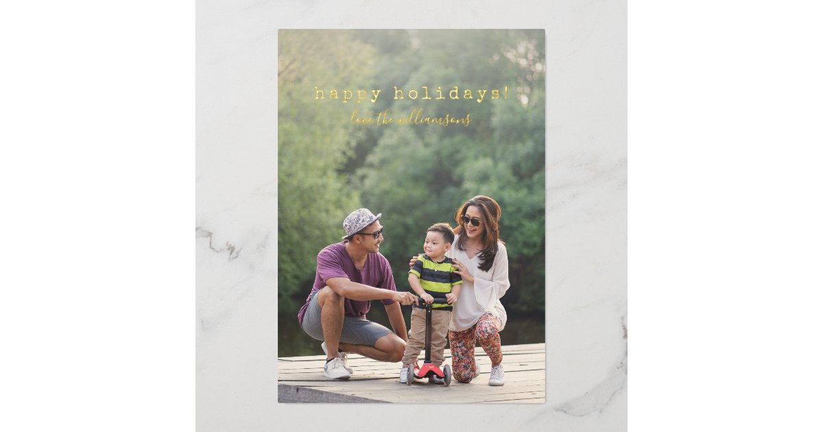 Modern Full Photo Typewriter Text Overlay Gold Foil Holiday Card | Zazzle