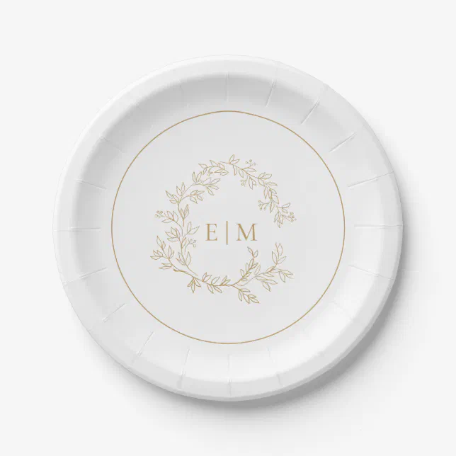 Modern Gold Leafy Crest Monogram Wedding Paper Plate | Zazzle
