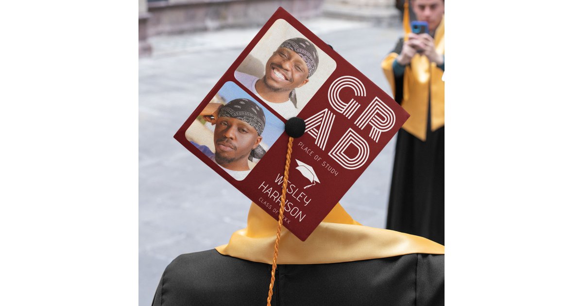 Modern GRAD 2x photo collage Graduate Graduation Cap Topper | Zazzle
