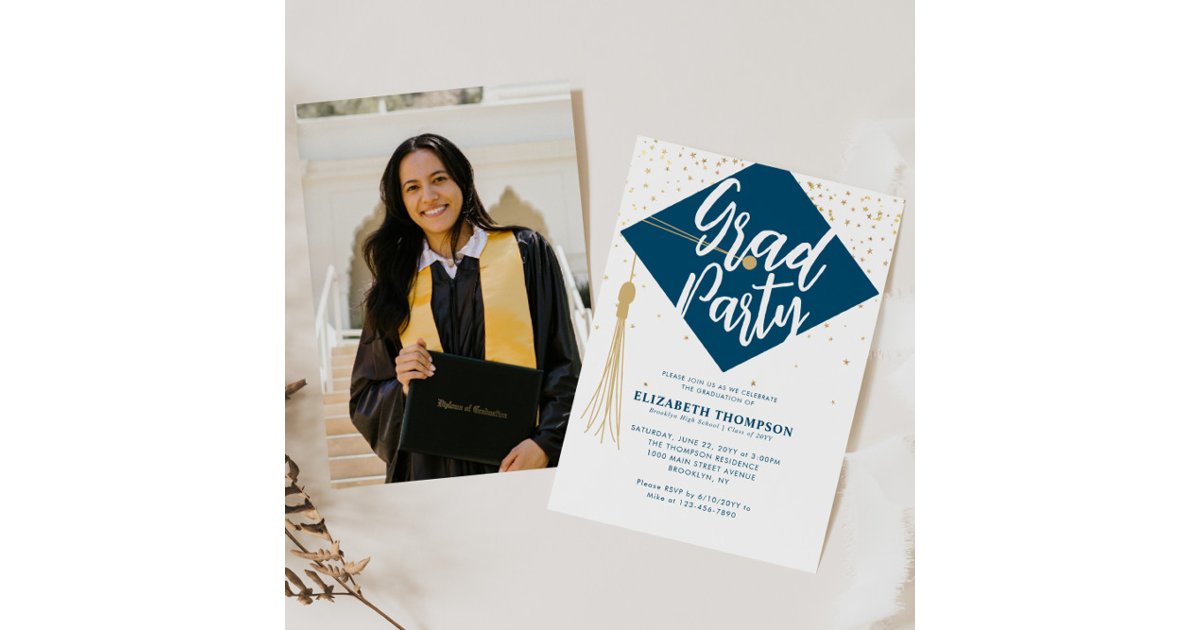 Modern GRAD Cap Blue Gold Photo Graduation Party Invitation | Zazzle