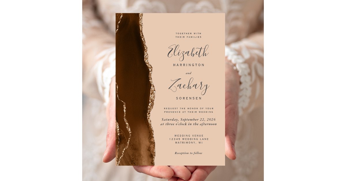 Modern Mocha Brown Gold Agate Tan Wedding Invitation | Zazzle