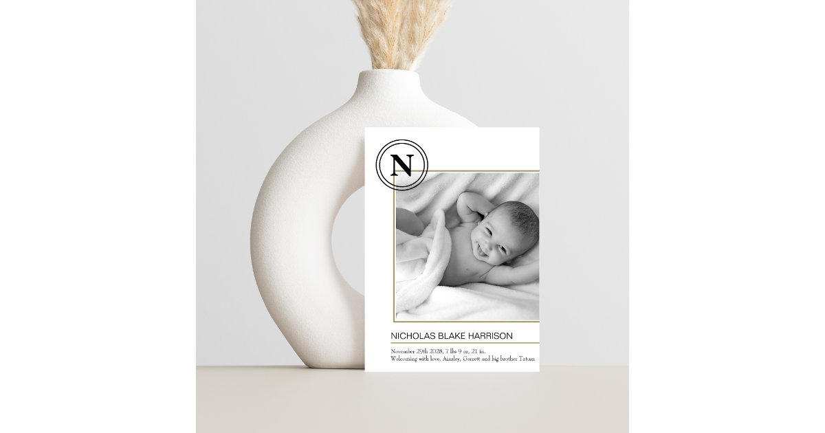 Modern Monogram Baby Boy Birth Announcement Card | Zazzle