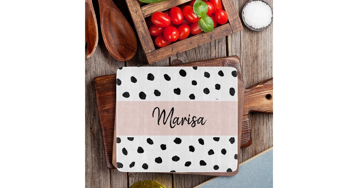 Modern Monogram Name | Pastel Pink & Black Dots Cutting Board | Zazzle