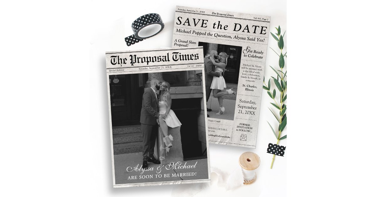 Modern Newspaper Photo The Proposal Times Trendy Save The Date | Zazzle