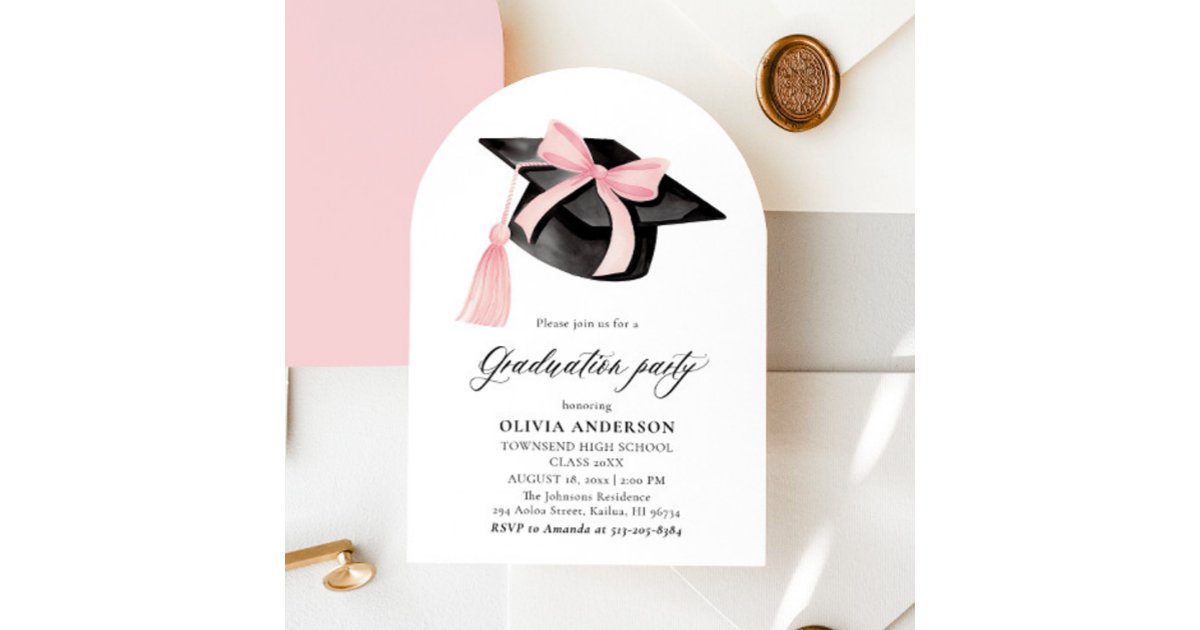 Modern Pink Bow Graduation Cap Graduation Arched Invitation | Zazzle