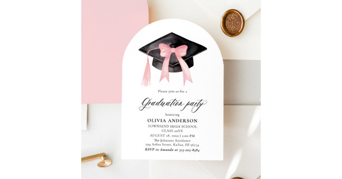 Modern Pink Bow Graduation Cap Graduation Arched Invitation | Zazzle