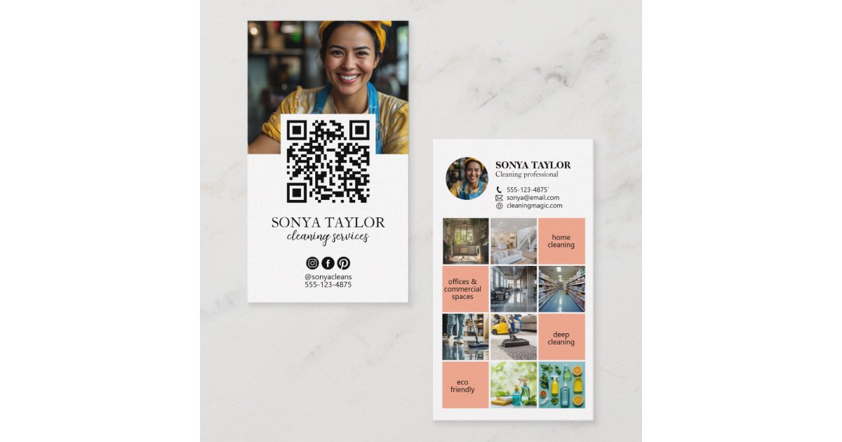Modern QR Code Insta Photo Collage Cleaning Business Card | Zazzle