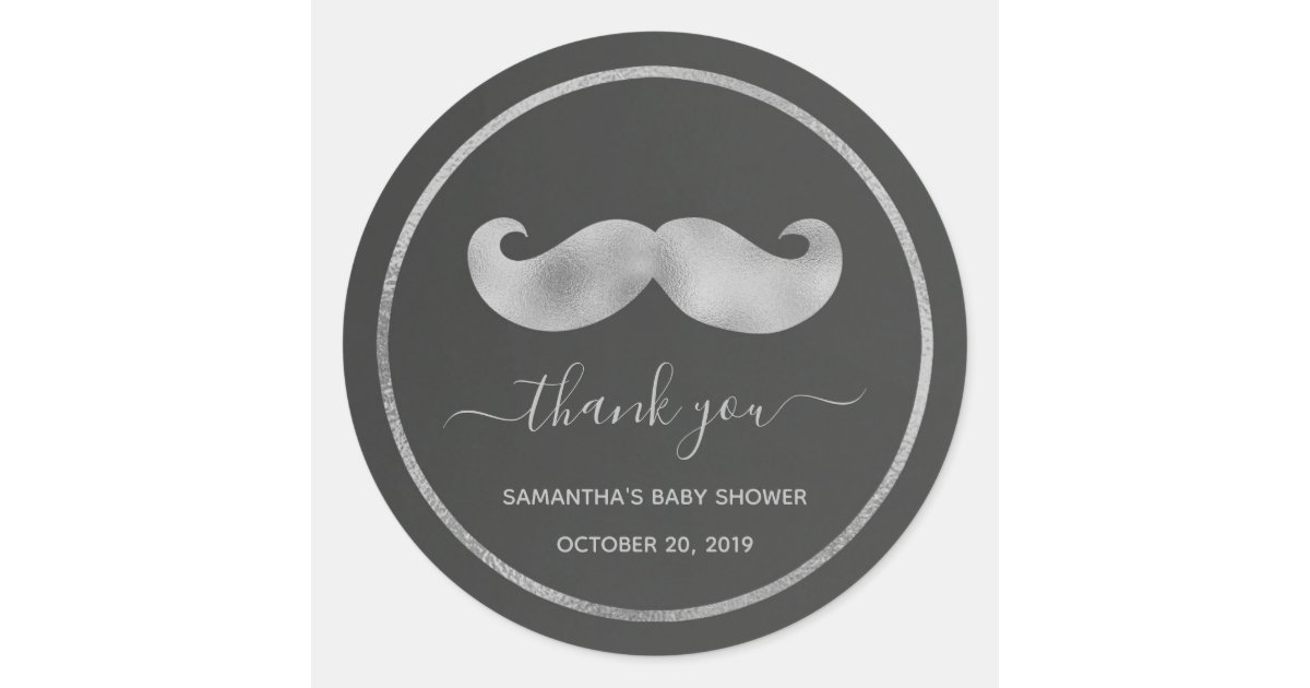 Modern Simple Black Silver Moustache Thank You Classic Round Sticker ...