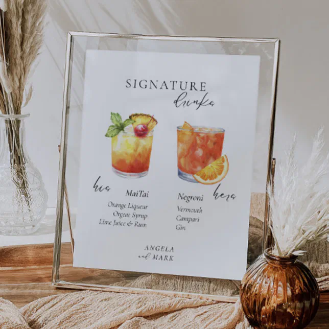 Modern Watercolor | Bride & Groom Signature Drink Poster | Zazzle